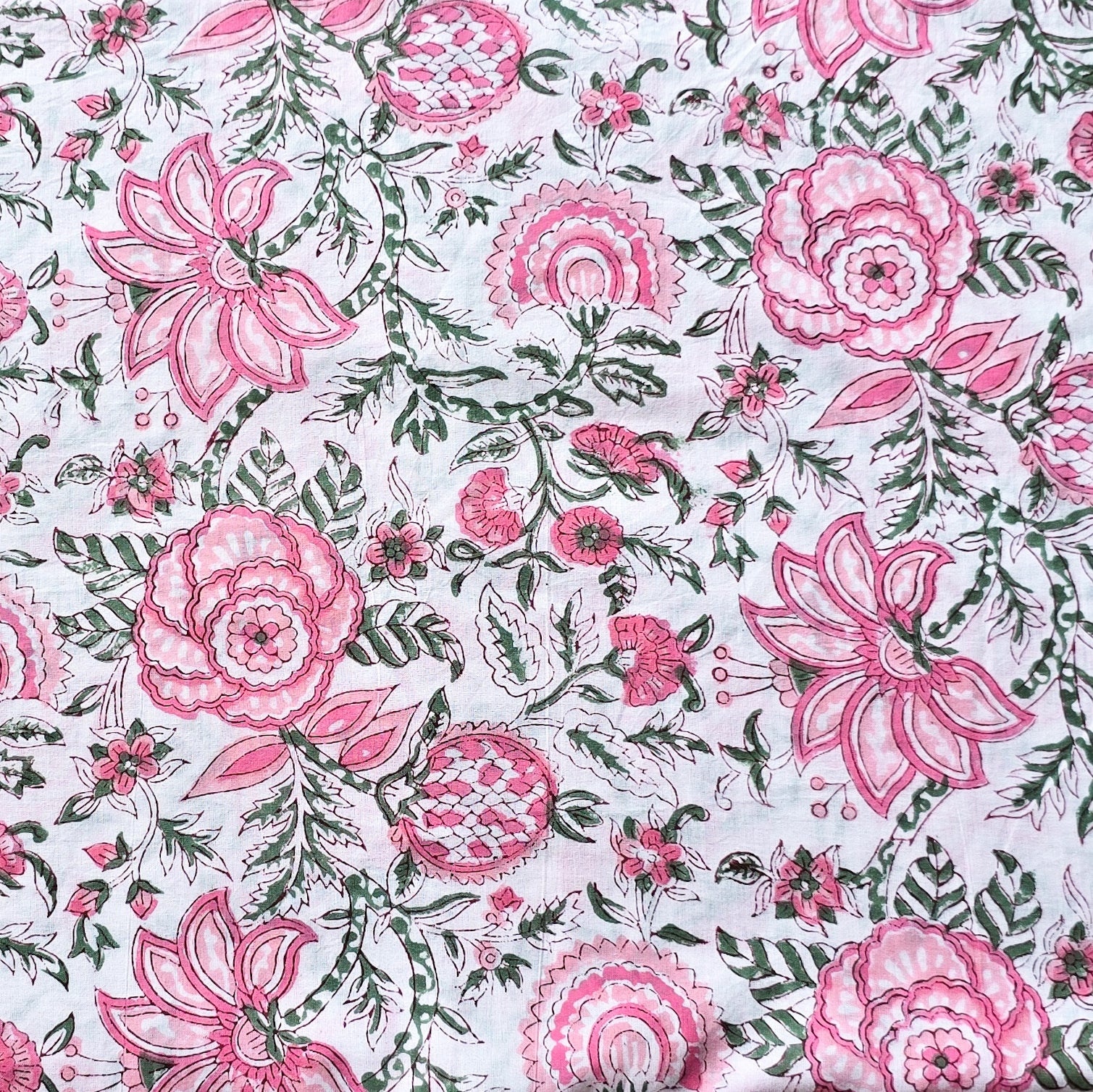 Pure Cotton Jaipuri White With Pink Flower Jaal Hand Block Print Fabri ...