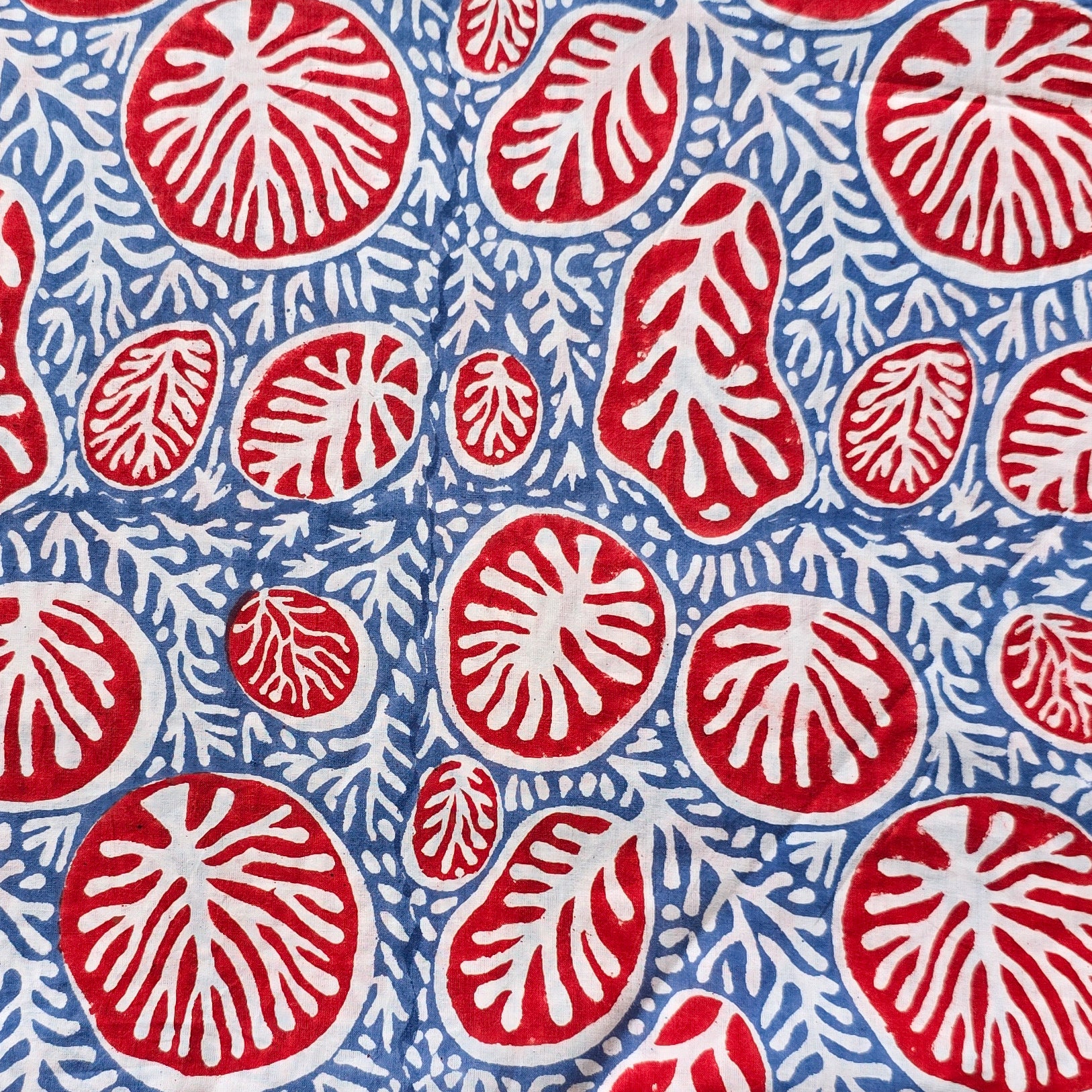 (PRE-CUT 1.50 METER) Pure Cotton Jaipuri Blue With Red Coral Design Ha ...