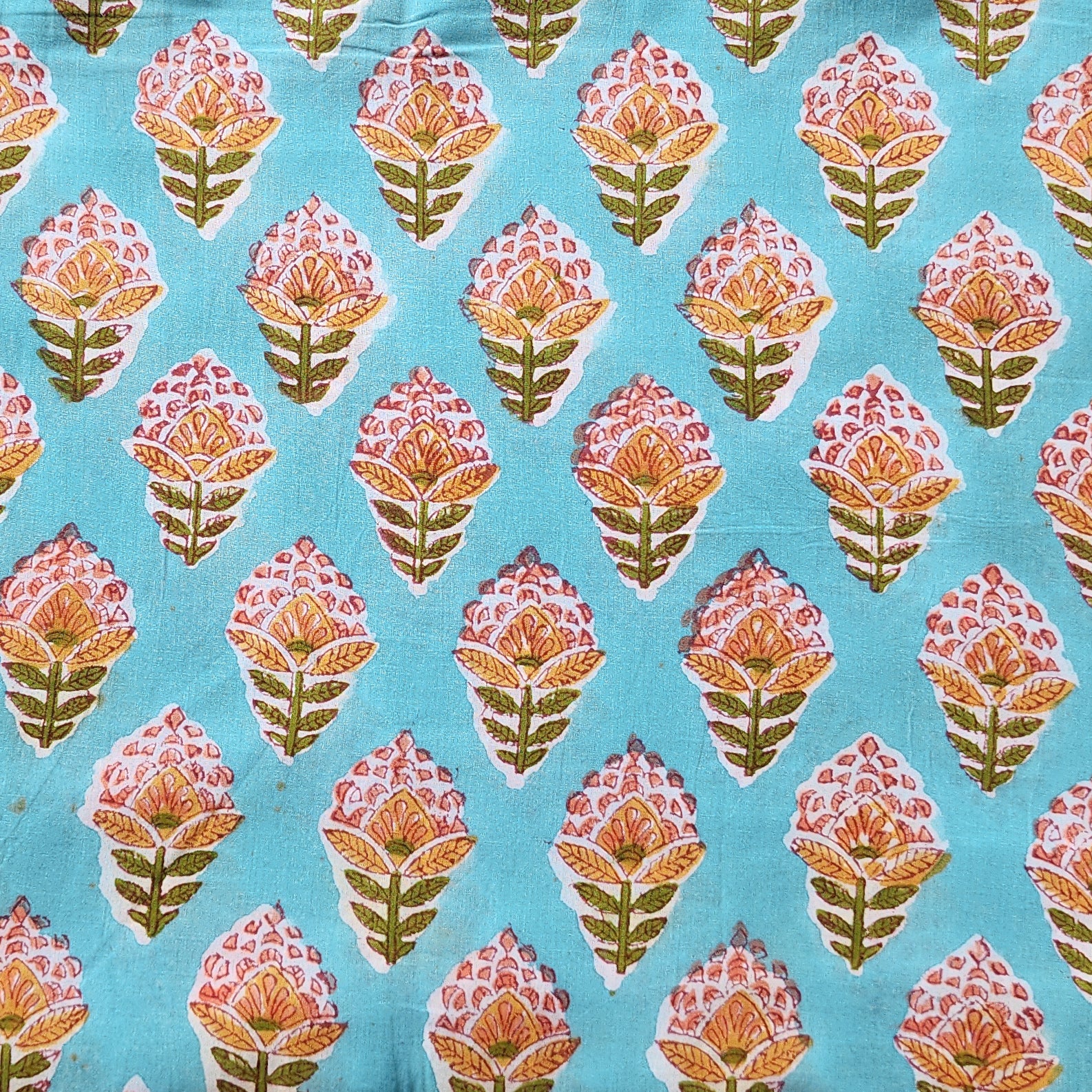 (PRE-CUT 1.40 METER) Pure Cotton Jaipuri Blue With Orange Flower Motif ...