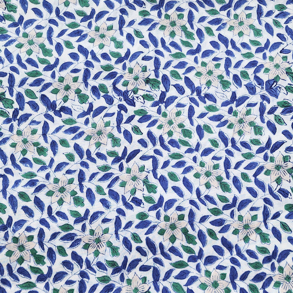 Pure Cotton Jaipuri White With Blue Leaves Overlapping Hand Block Prin ...