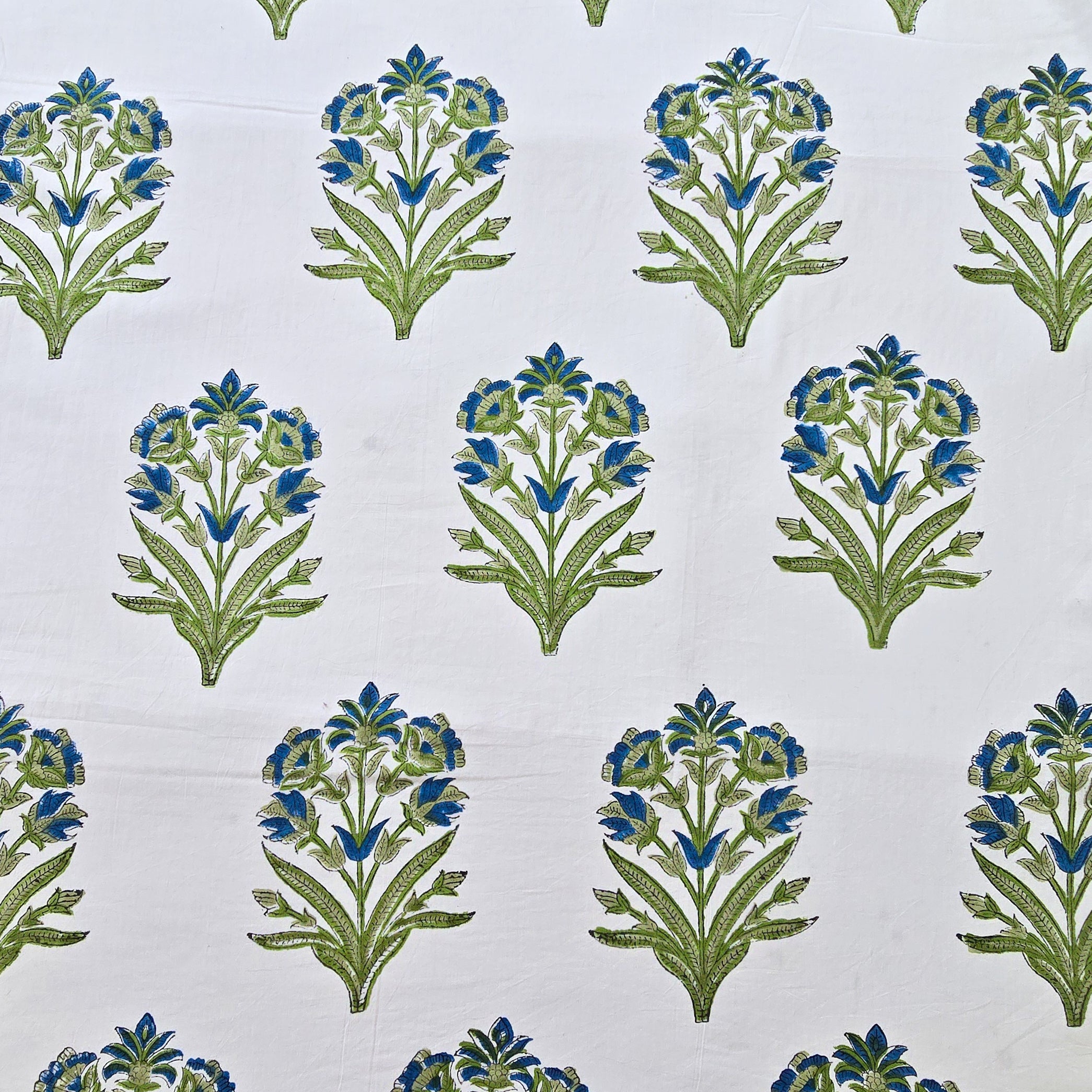(PRE-CUT 1 METER) Pure Cotton Jaipuri White With Blue Flower Plant Mot ...
