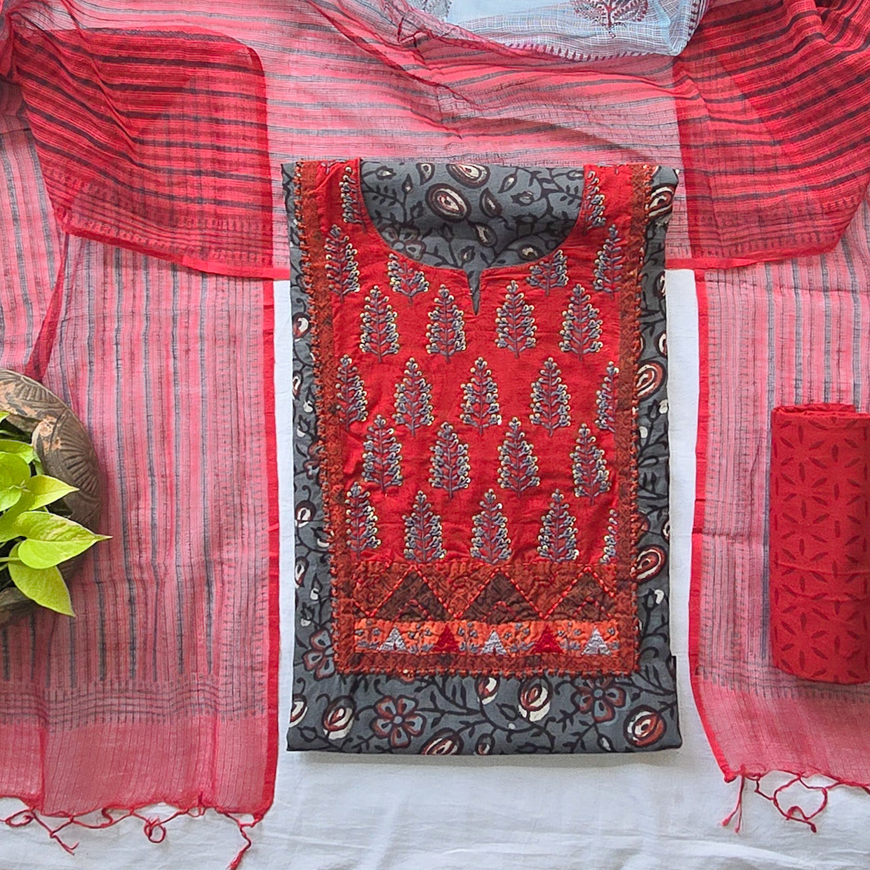 DIYA - Pure Cotton Dark Grey With embroidery design nack Suit – Sanskruti