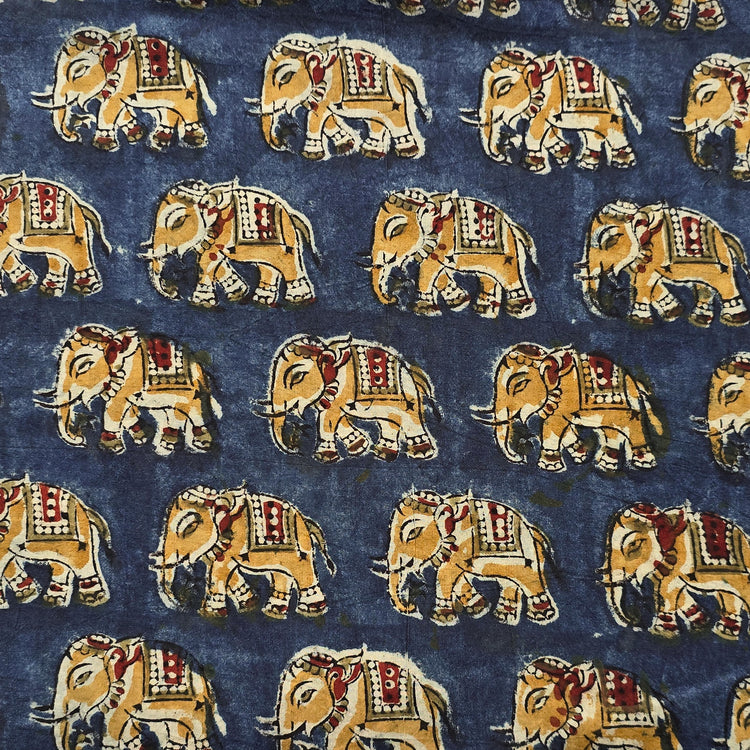 (PRE-CUT 1.20 METER) Pure Cotton Kalamkari Blue With Mustard Elephant ...