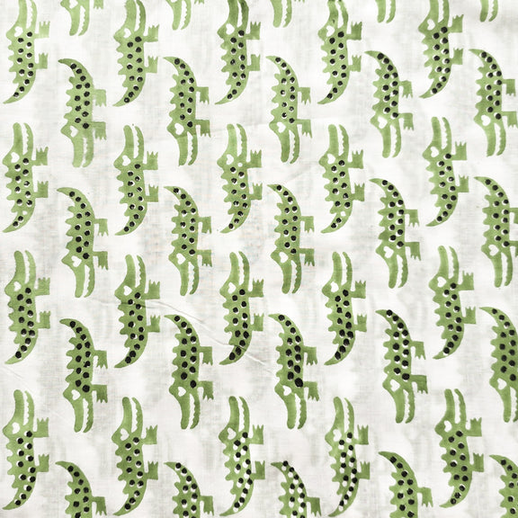 Pure Cotton Jaipuri White With Green Crocodile Motif Hand Block Print ...