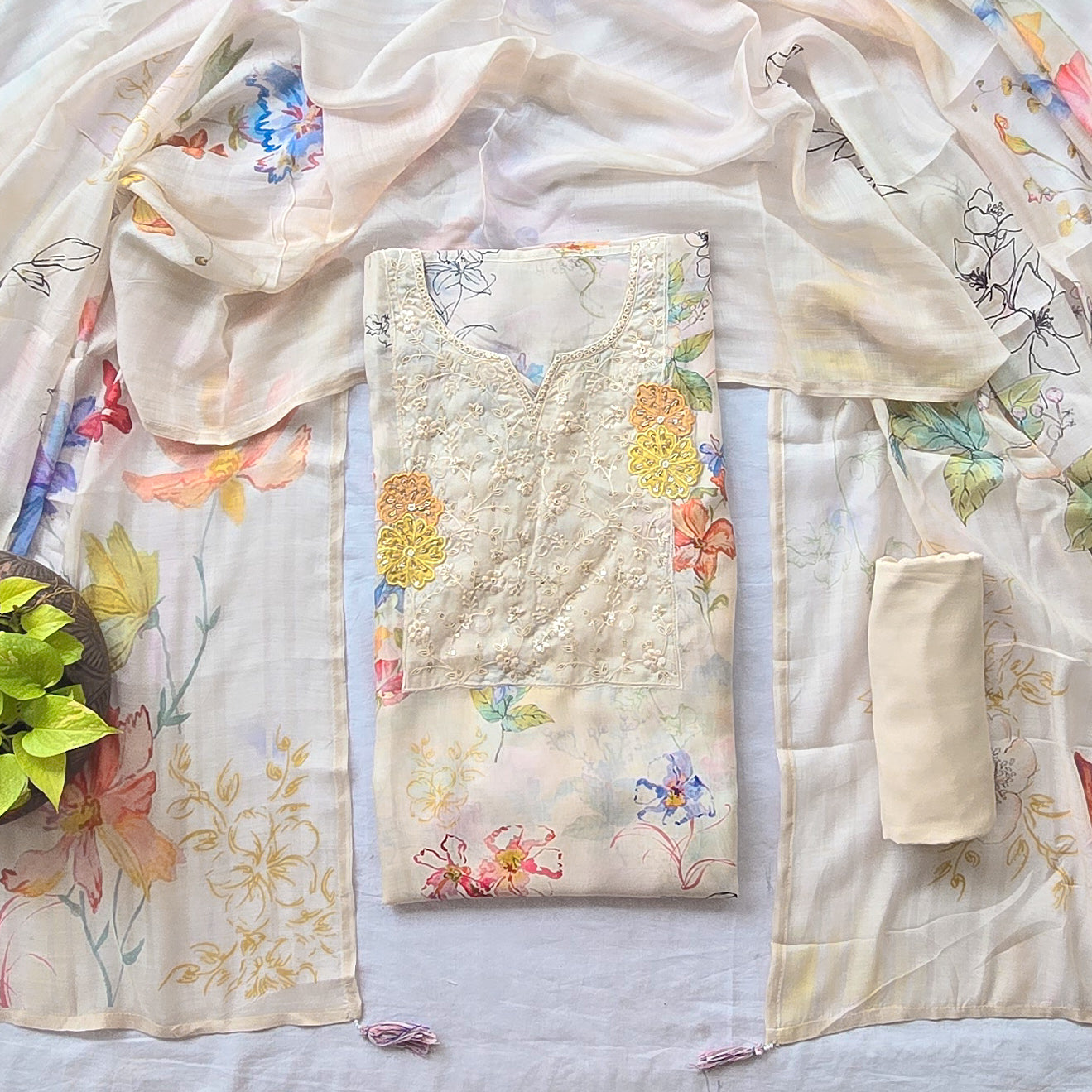 RAGINI -Muslin Off White With Embroidery Yoke Neck Design Suit – Sanskruti