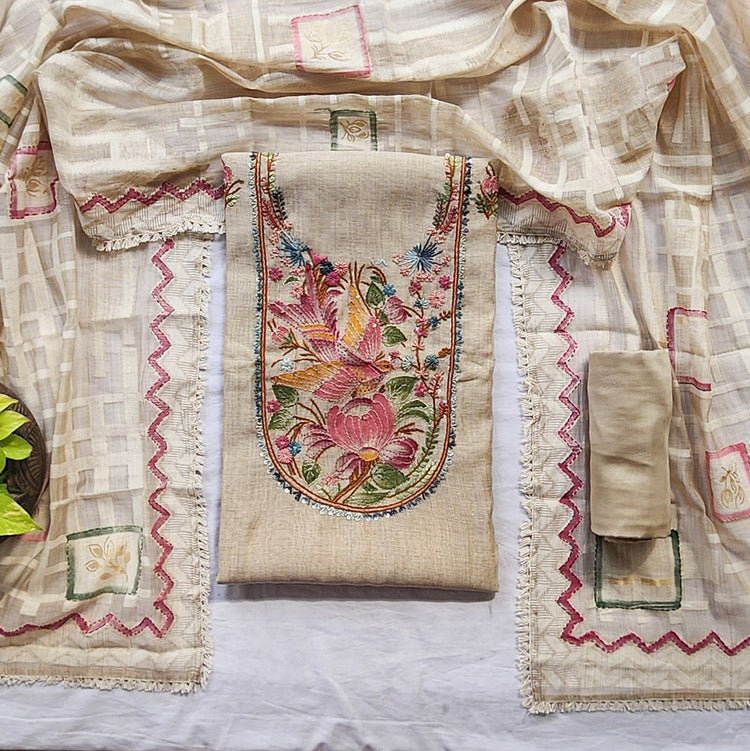 RIDHI-Jute Khaki With embroidered Yoke Suit – Sanskruti