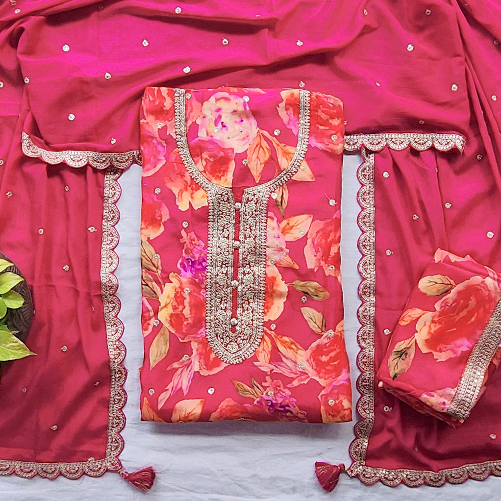 synthetic satin Pink With orange Floral Design Suit – Sanskruti