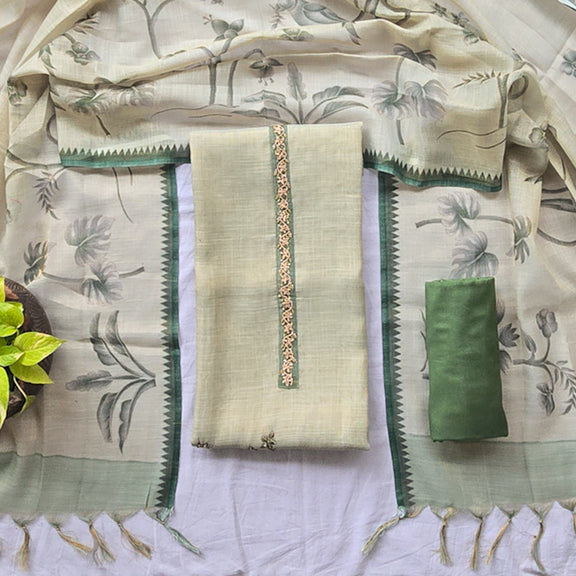 RAGINI -Jute Pastel Olive Green With Beautiful Embroidered Suit – Sanskruti
