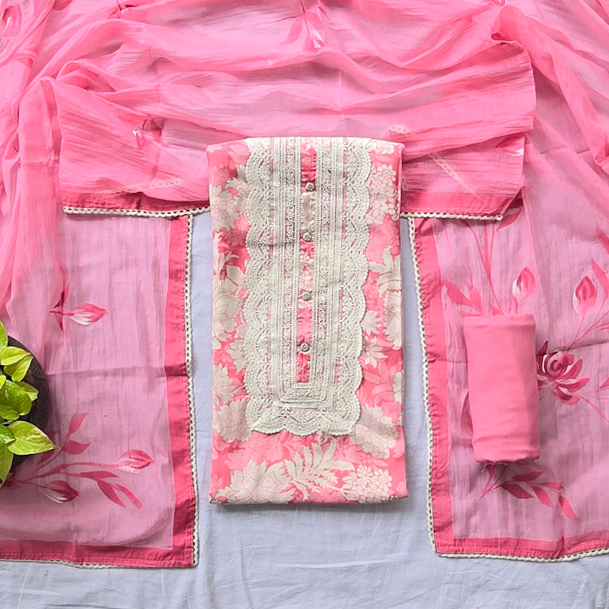 RAGINI -Muslin Pink Floral Design With Lace Border Yoke Suit – Sanskruti