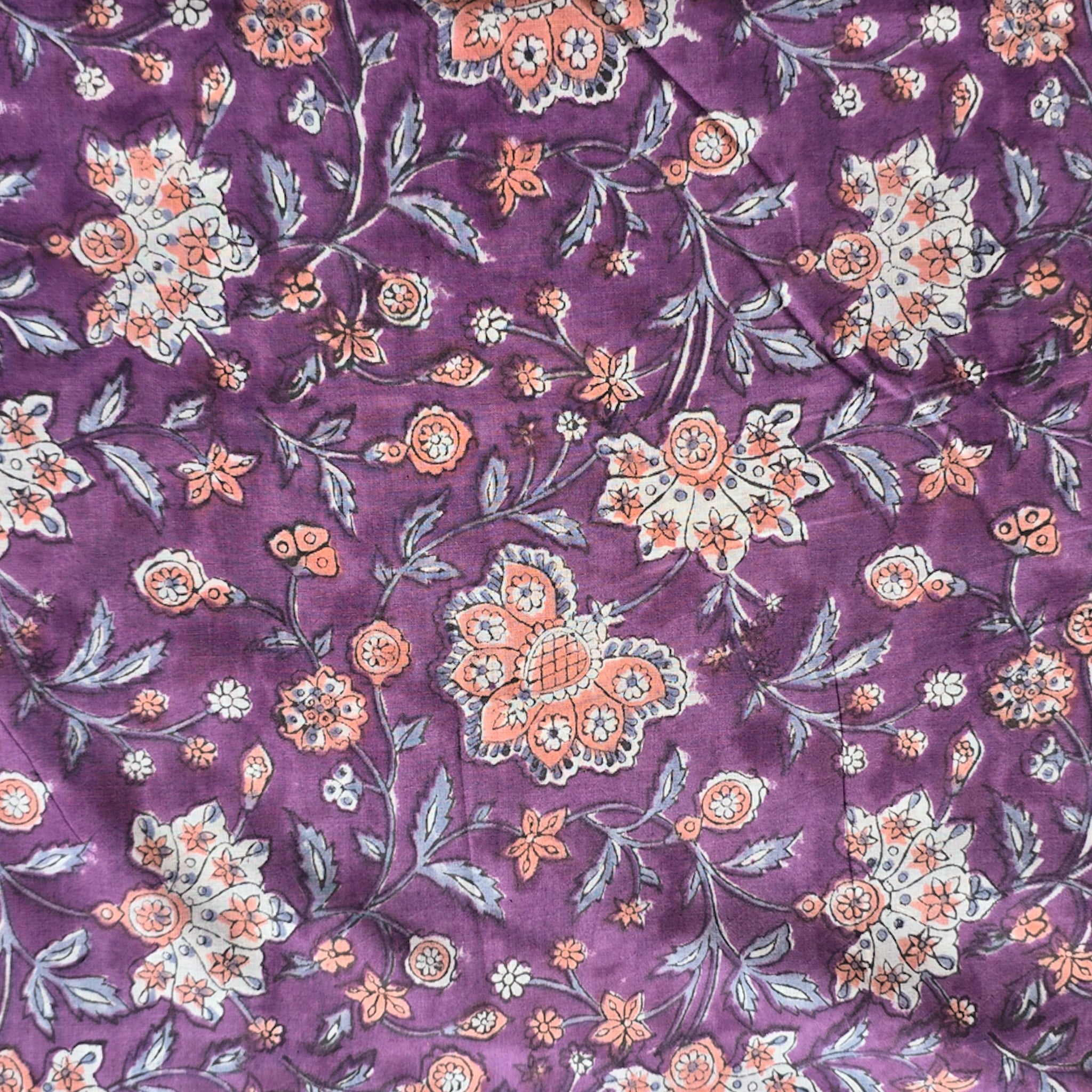 (Pre-Cut 0.80 Meter) Pure Cotton Jaipuri Purple With Peach Flower Jaal ...