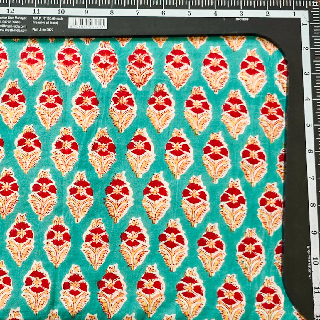 Pure Cotton Jaipuri Cyan With Orange Flower Motif Hand Block Print Fab ...