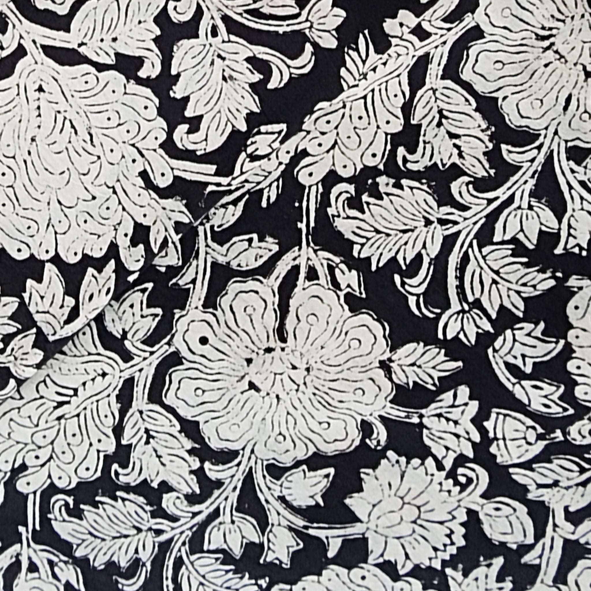 Pure Cotton Bagru Black With Cream Flower Motif Hand Block Print Fabri ...