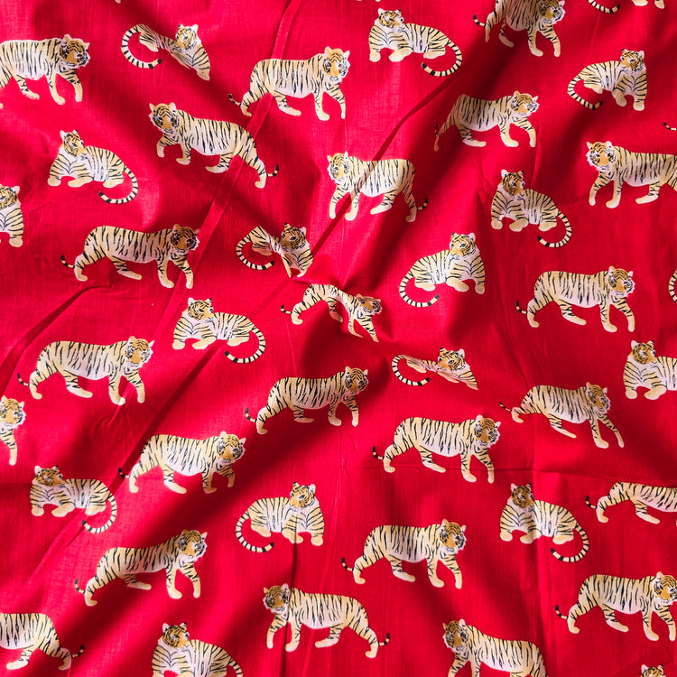 Pure Cotton Screen Print Red With Tiger Motif Fabric – Sanskruti