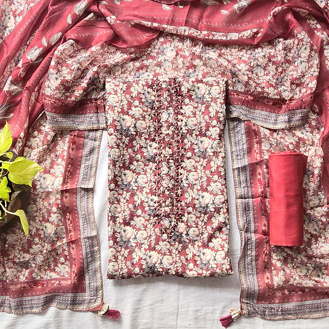 MEDHA - Soft Muslin Dusky Pink Floral Design With Mirror Work Yoke Sui ...