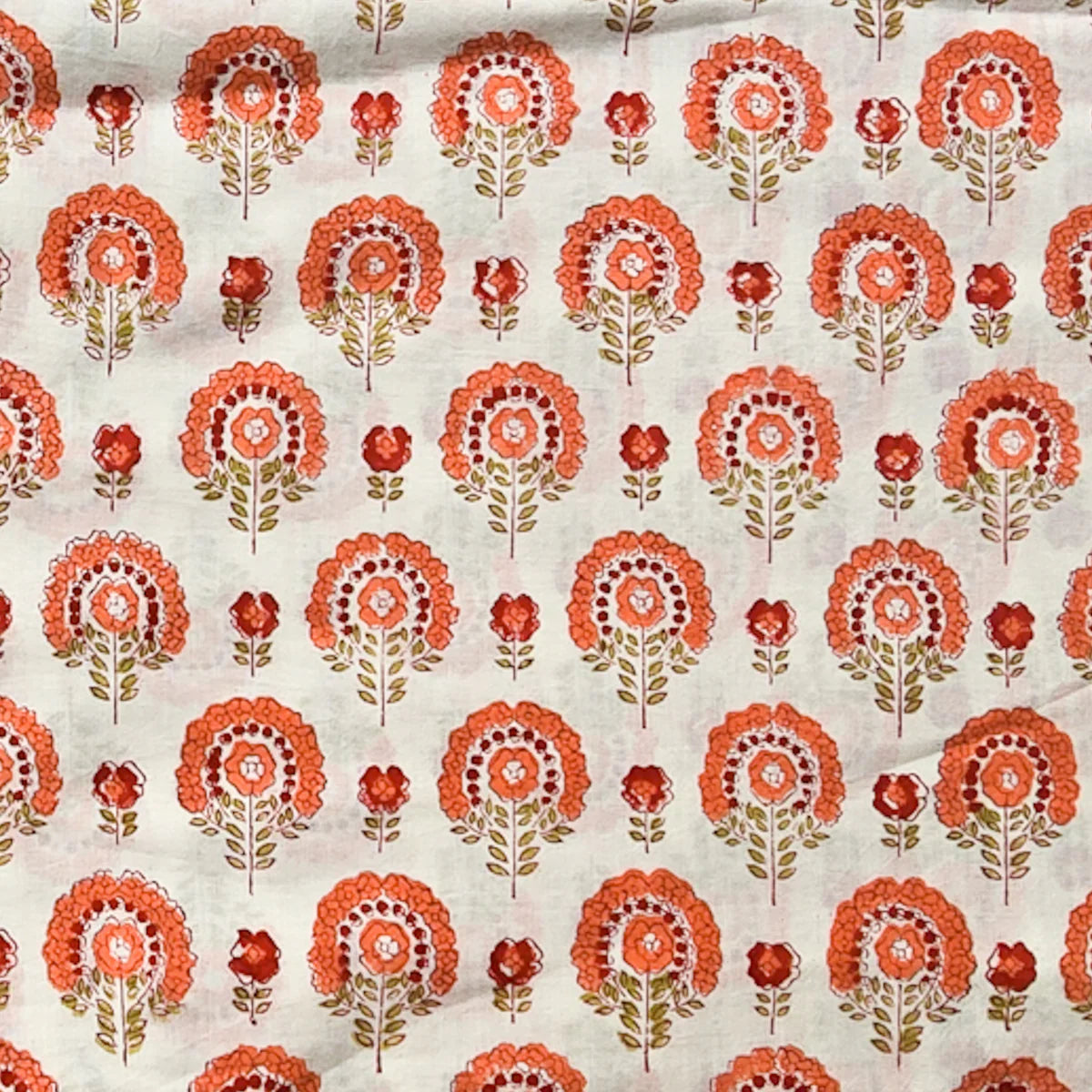 (Pre-Cut 1 Meter) Pure Cotton Jaipuri White With Orange Flower Motif H ...