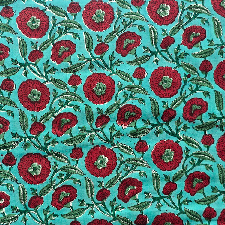 Pure Cotton Jaipuri Cyan With Red Flower Jaal Hand Block Print Fabric ...