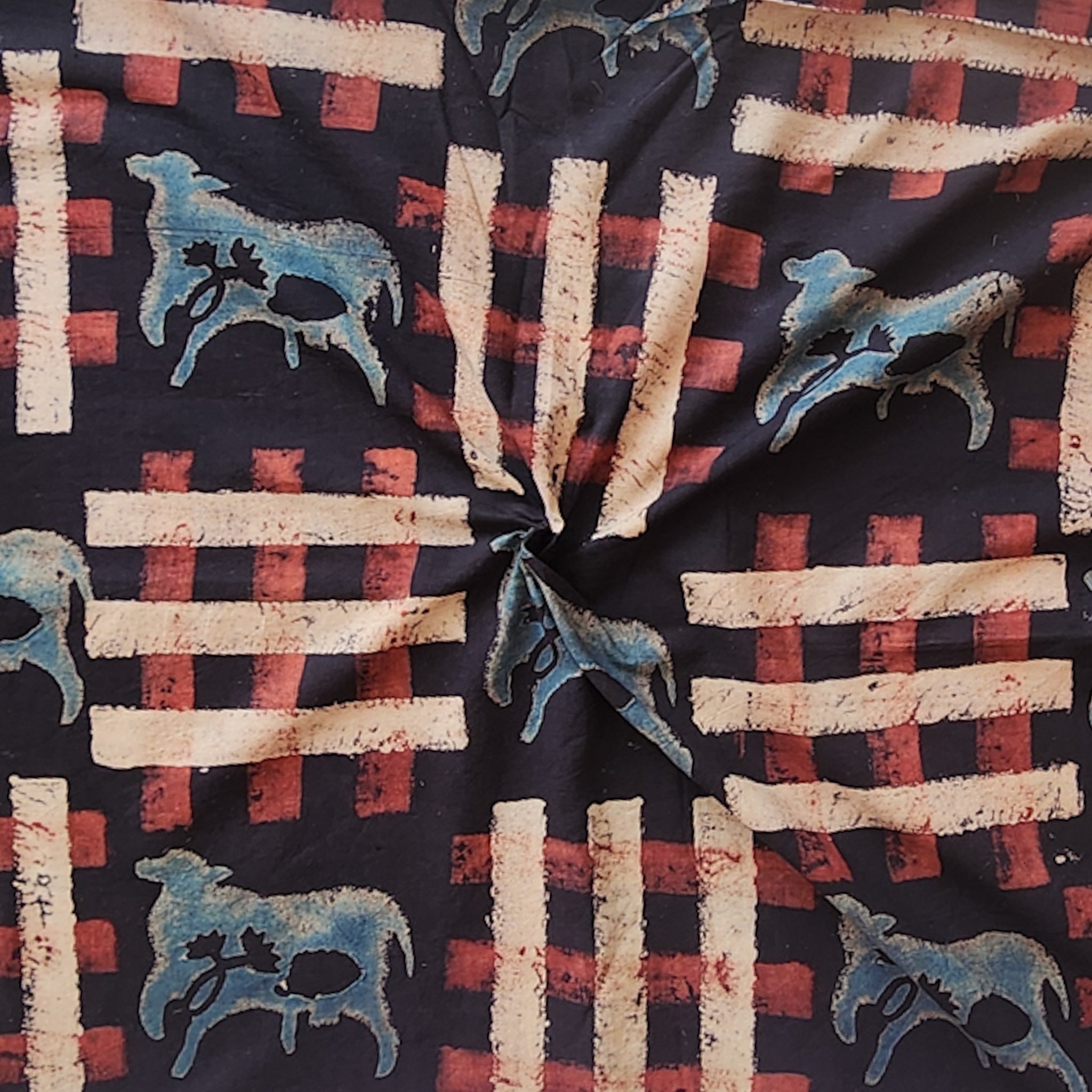Pure Cotton Ajrak Rust Black With Blue Cow Motif Hand Block Print Fabr ...