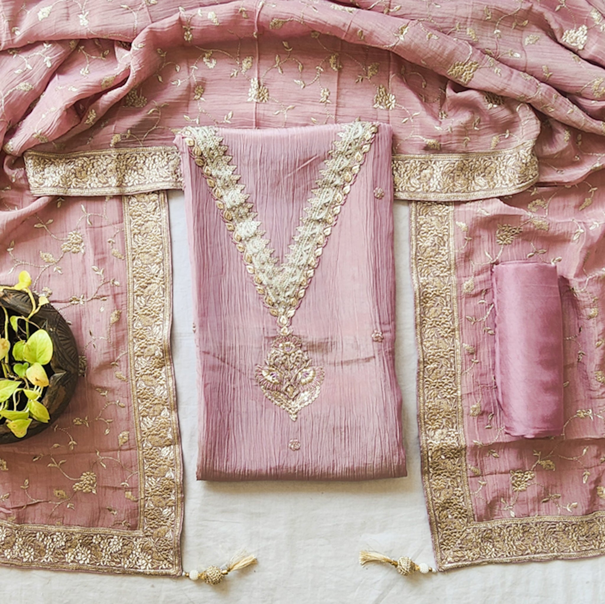 GANGA-Tissue dusky pink With Mirror Work V neck Suit – Sanskruti