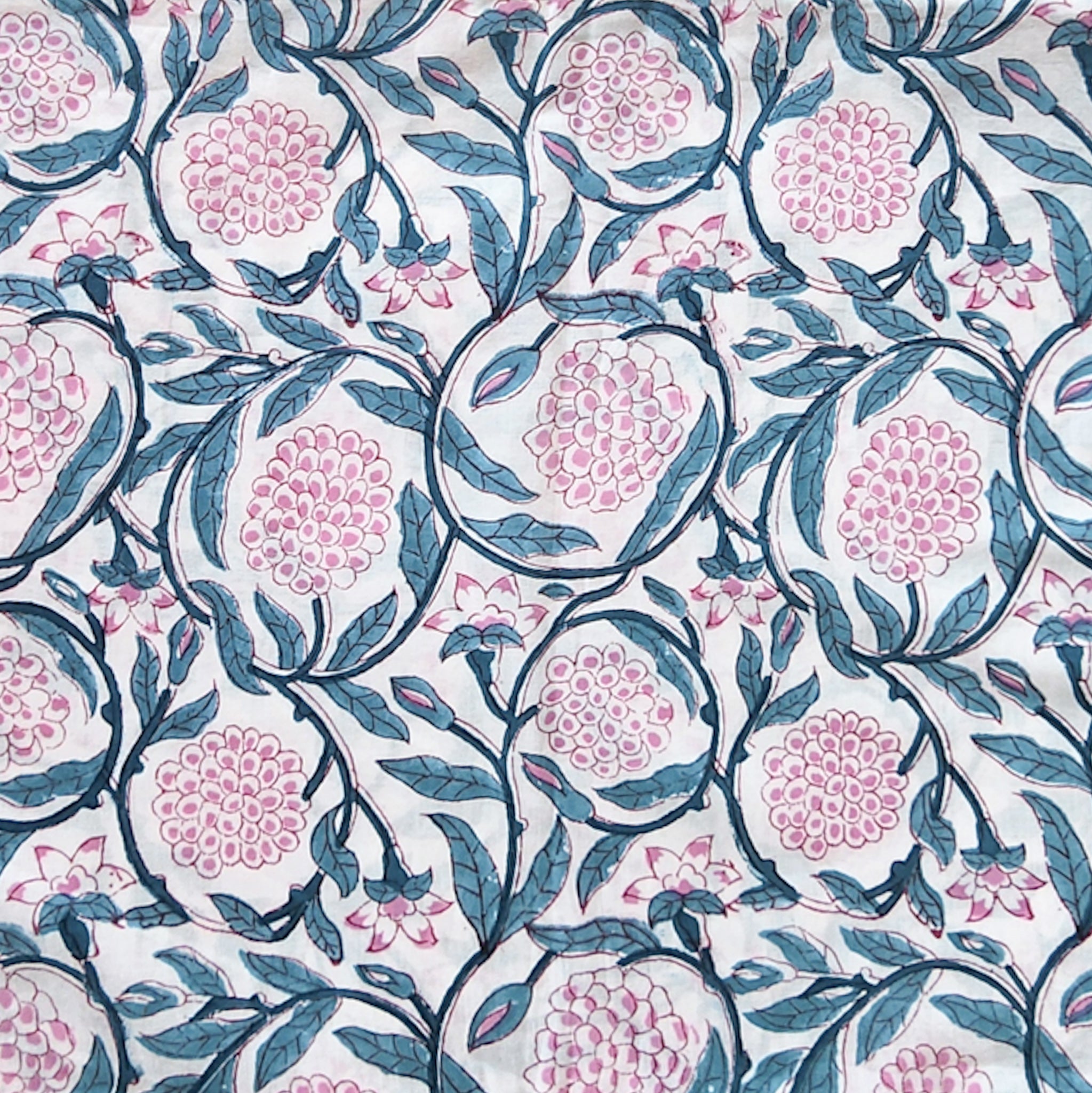 Pure Cotton White With Teal Blue Fruit Jaal Hand Block Print Fabric ...