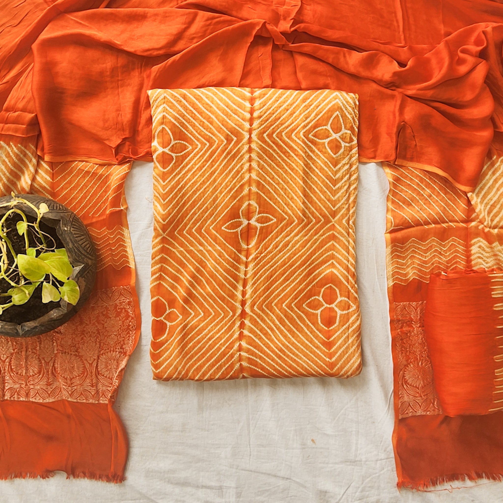 PRATHIKSHA- Modal Silk Orange With Pin Shibori Suit – Sanskruti