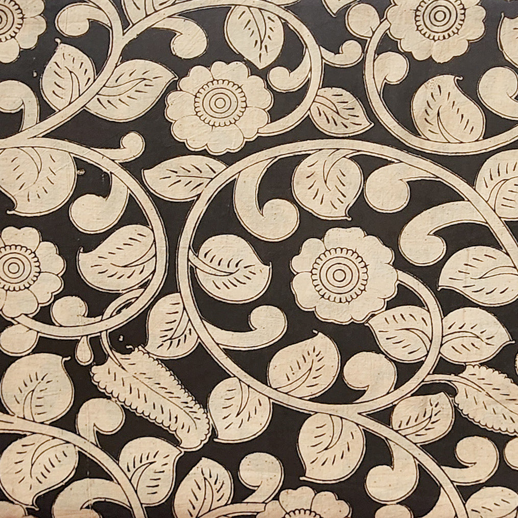 Pure Cotton Kalamkari Black With Cream Flower Jaal Hand Block Print Fa ...