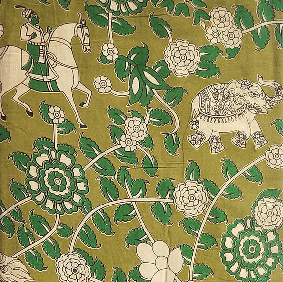 Pure Cotton Kalamkari Mehandi Green Floral Design With An Elephant And ...