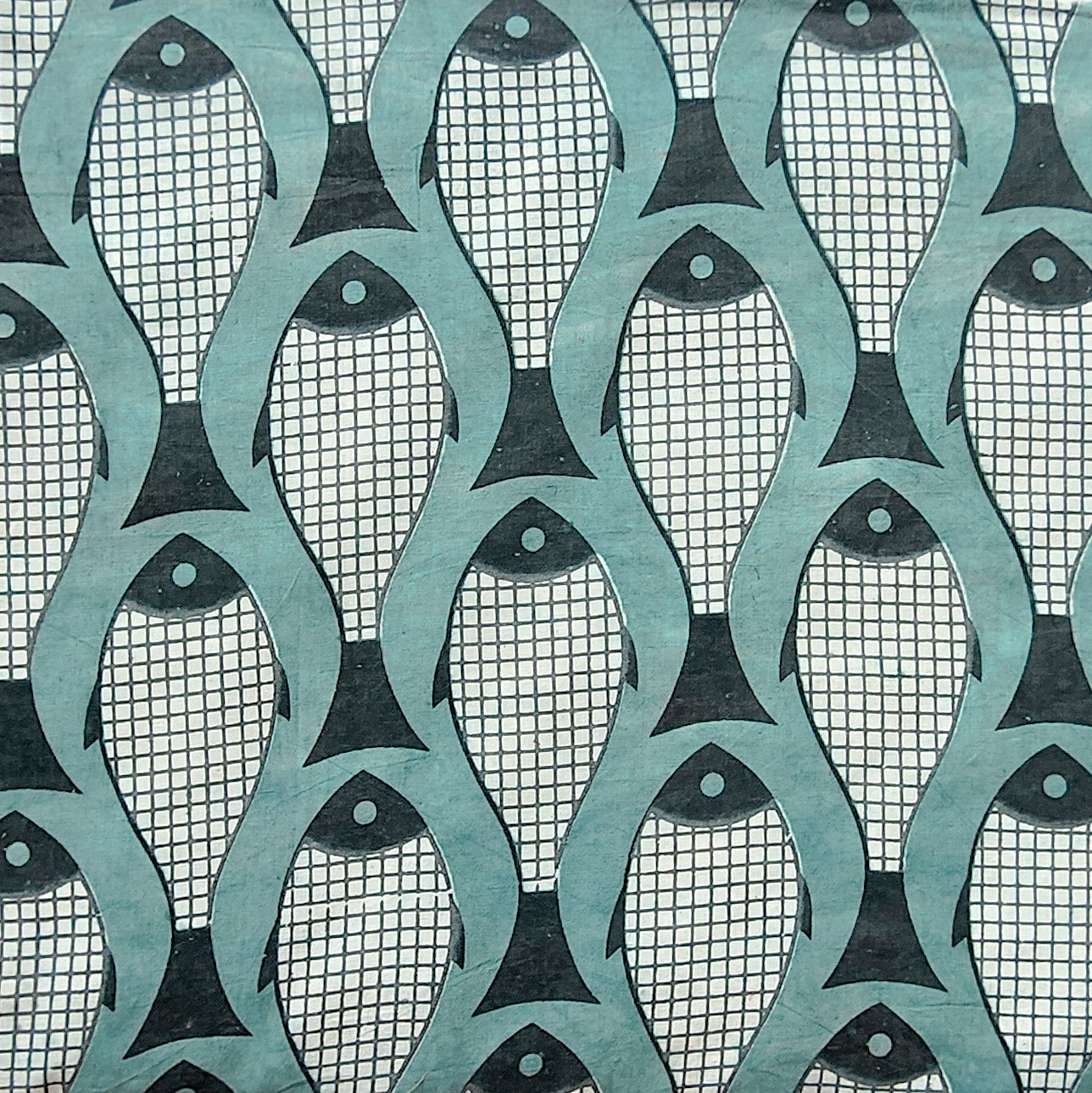 Pure Cotton Dabu Sea Green With Fish Motif Hand Block Print Fabric ...