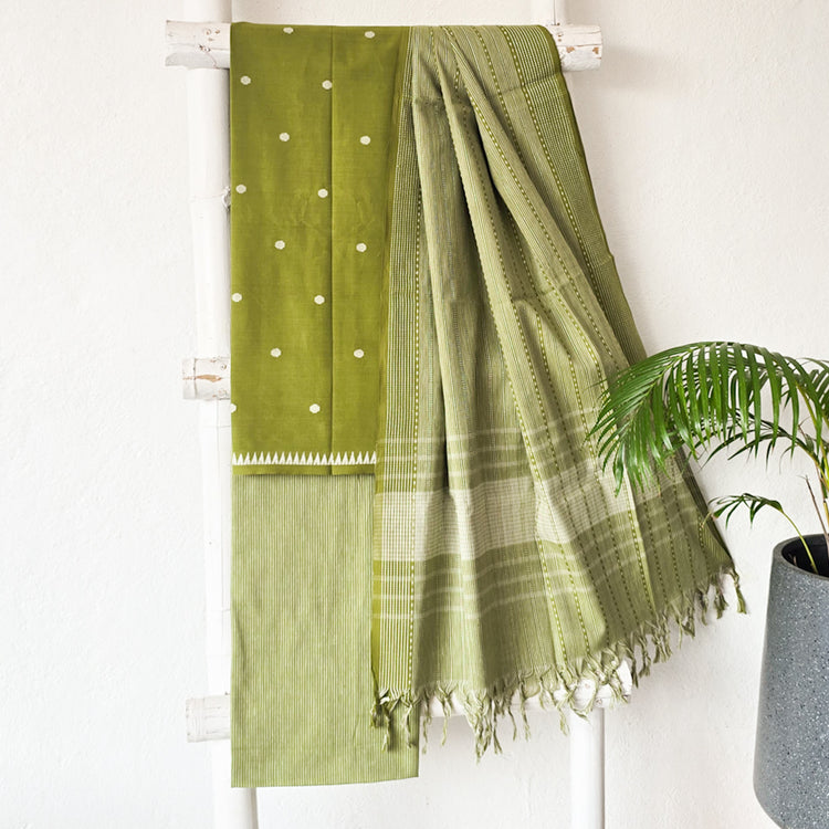 RIDHI-Pure Cotton Handloom Mehandi Green With White Polka Dotes Suit ...