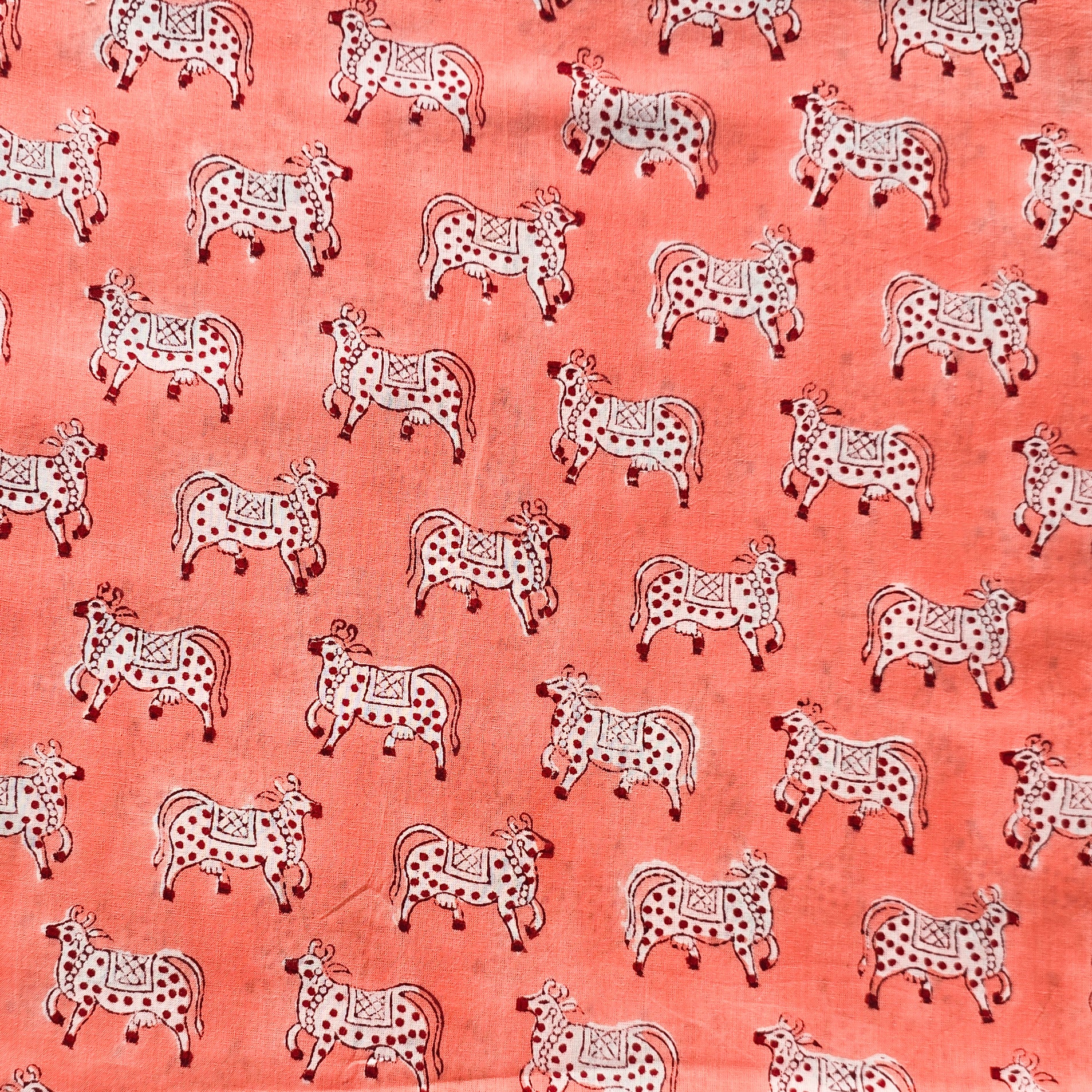 Pure Cotton Jaipuri Dark Peach With Cow Motif Hand Block Print Fabric ...