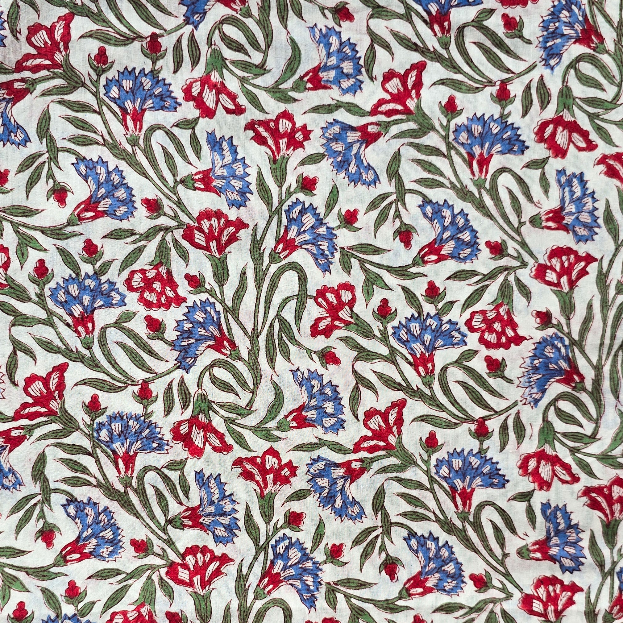 Pure Cotton Jaipuri White With Red And Blue Flower Jaal Hand Block Pri ...