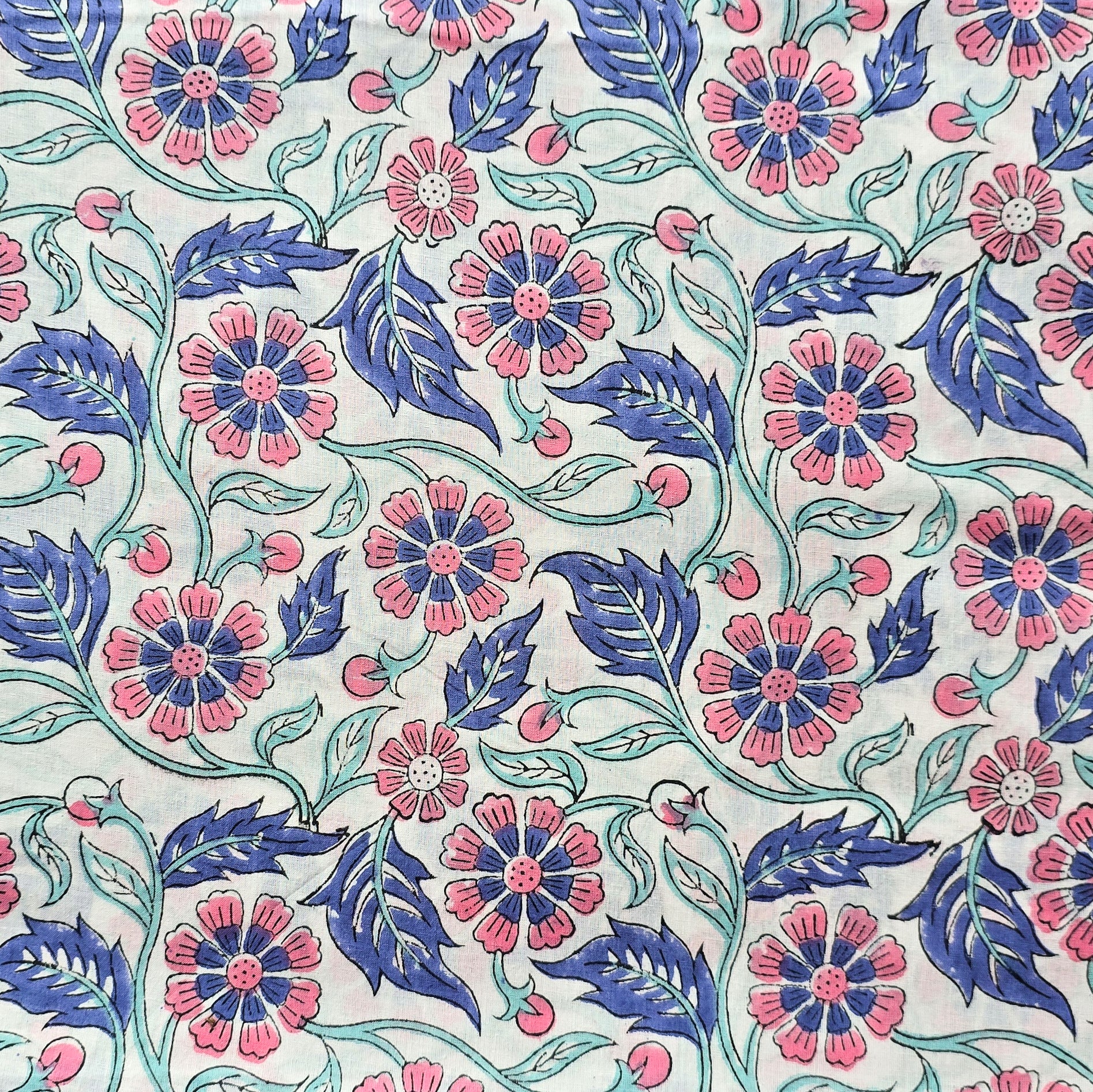 Pure Cotton Jaipuri White With Blue And Pink Flower Jaal Hand Block Pr ...