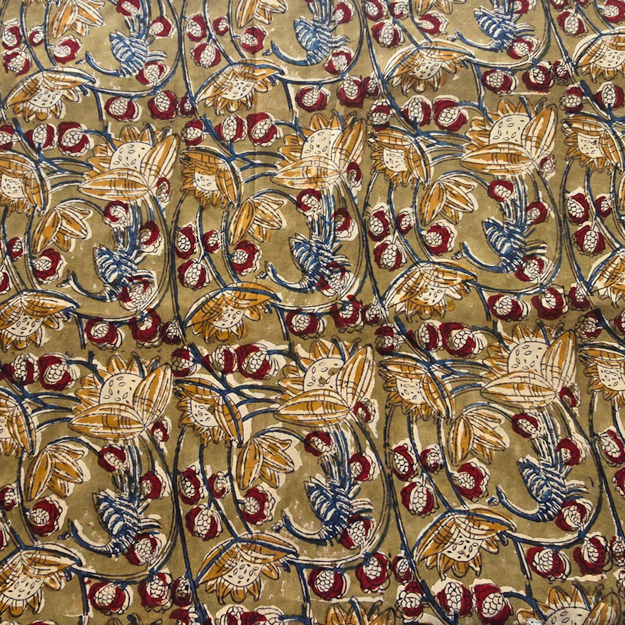 Modal Cotton Kalamkari Mehandi Green With Red Flower Jaal Hand Block P ...