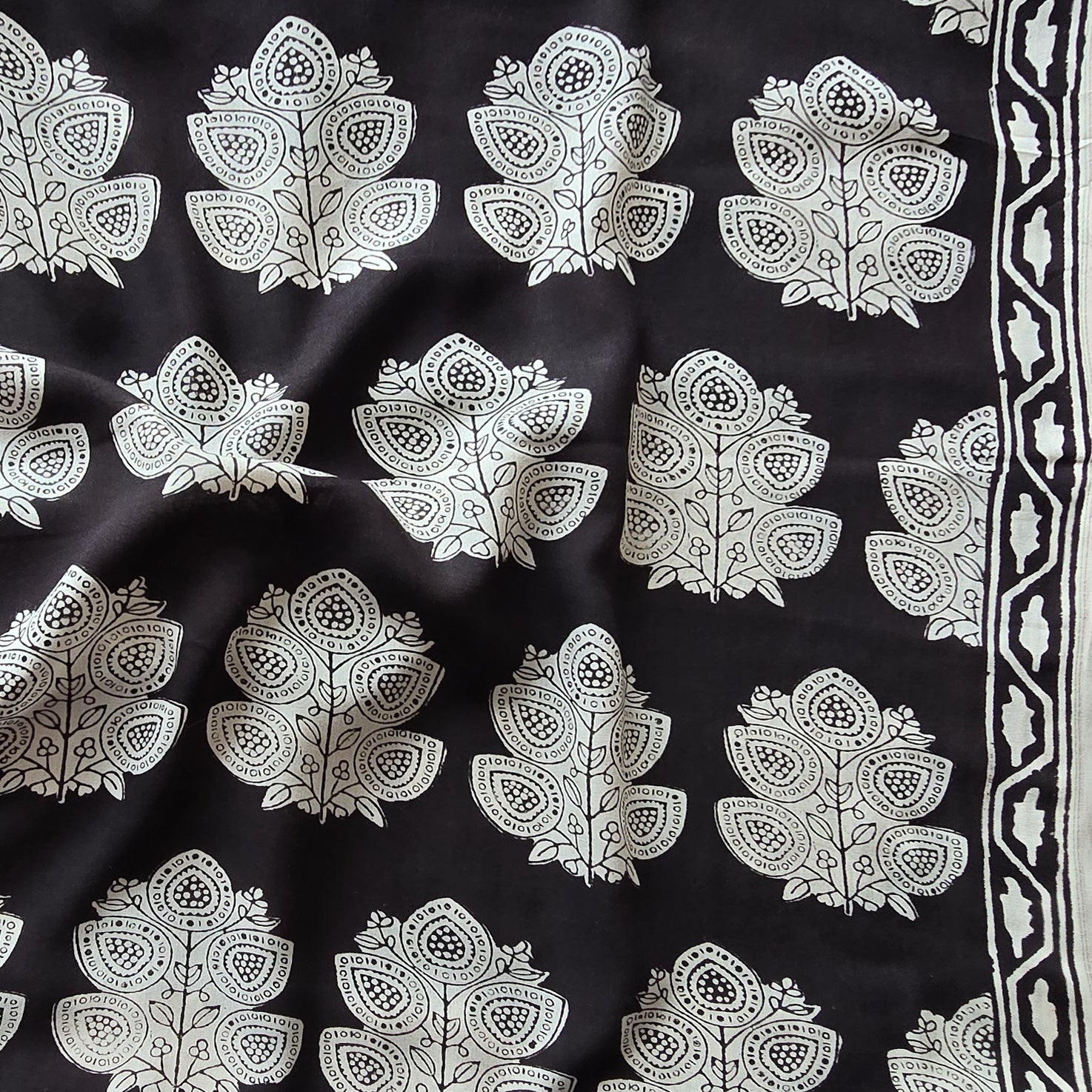 Modal Cotton Bagru Black With Cream Leaves Motif Hand Block Print Fabr ...