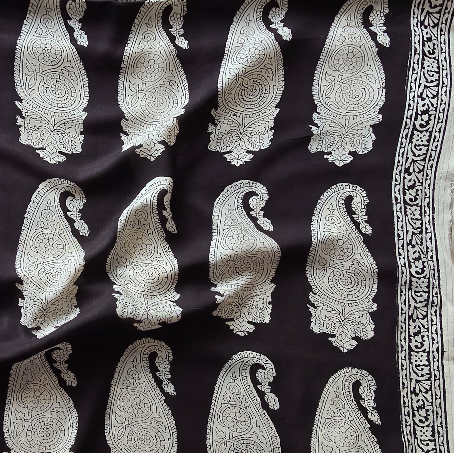 Modal Cotton Bagru Black With Cream Big Kairi Motif With Border Hand B ...
