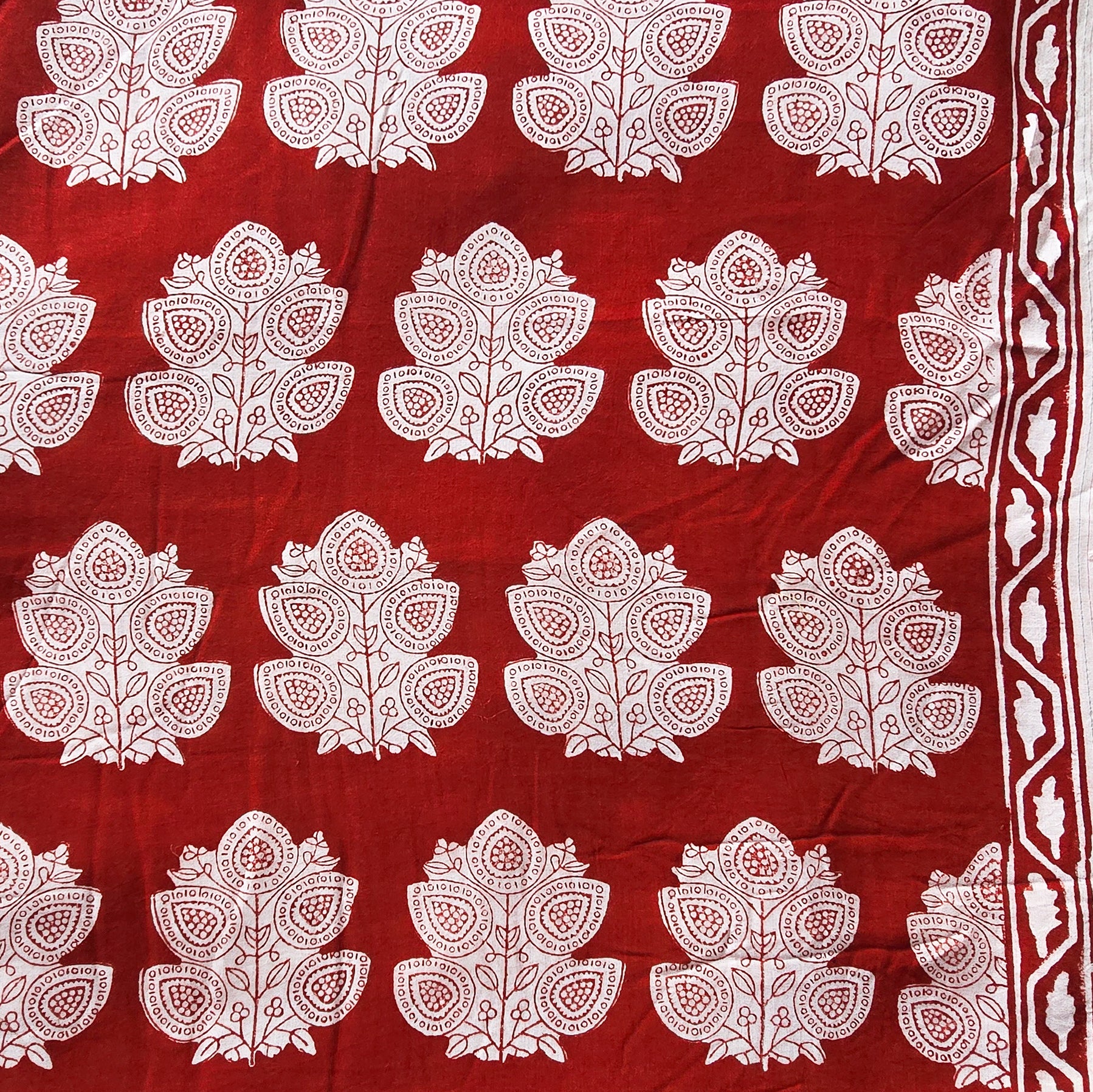Modal Cotton Bagru Red With Cream Leaves Motif Hand Block Print Fabric ...