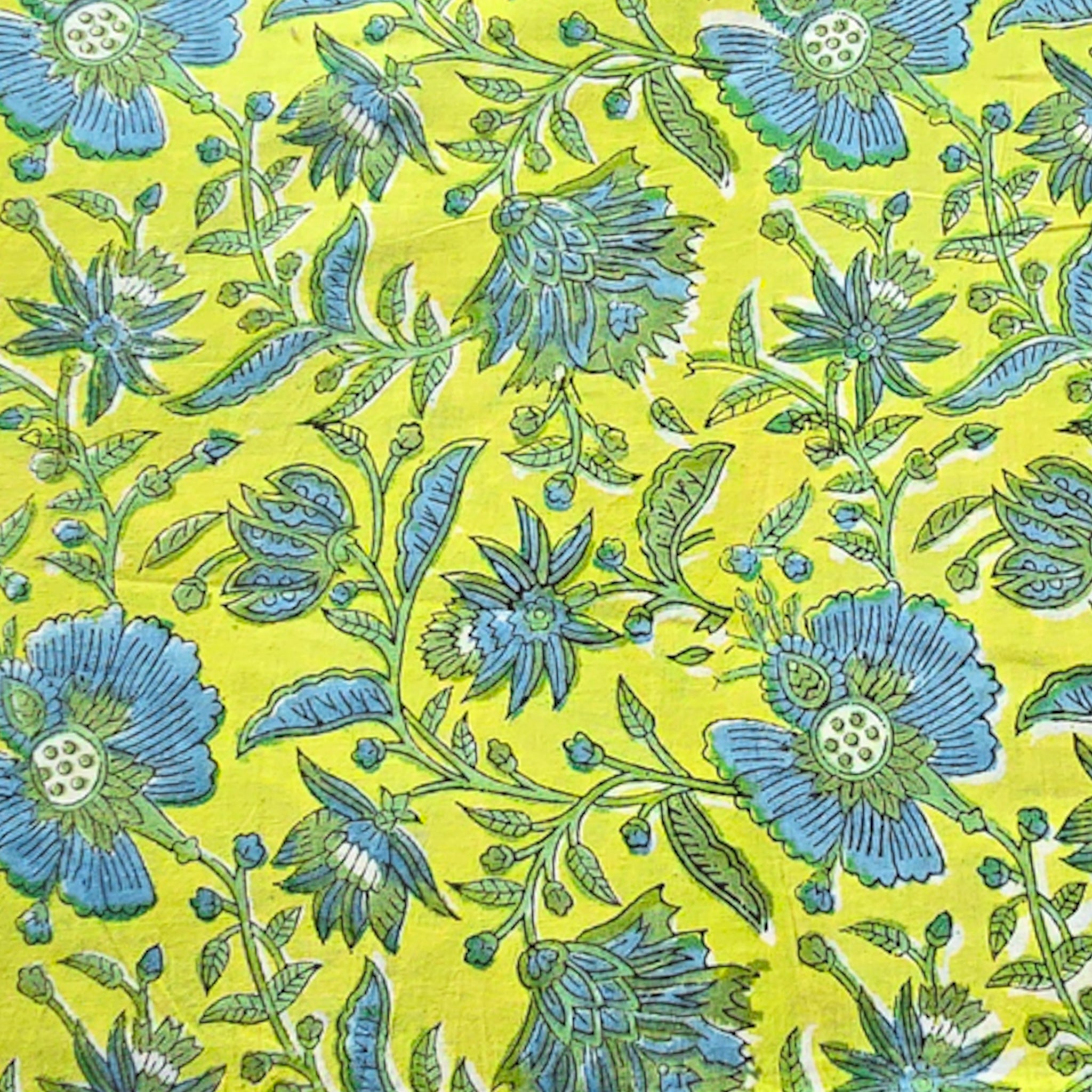 (PRE-CUT 0.90 METER)Pure Cotton Jaipuri Green With Blue Flower Jaal Ha ...