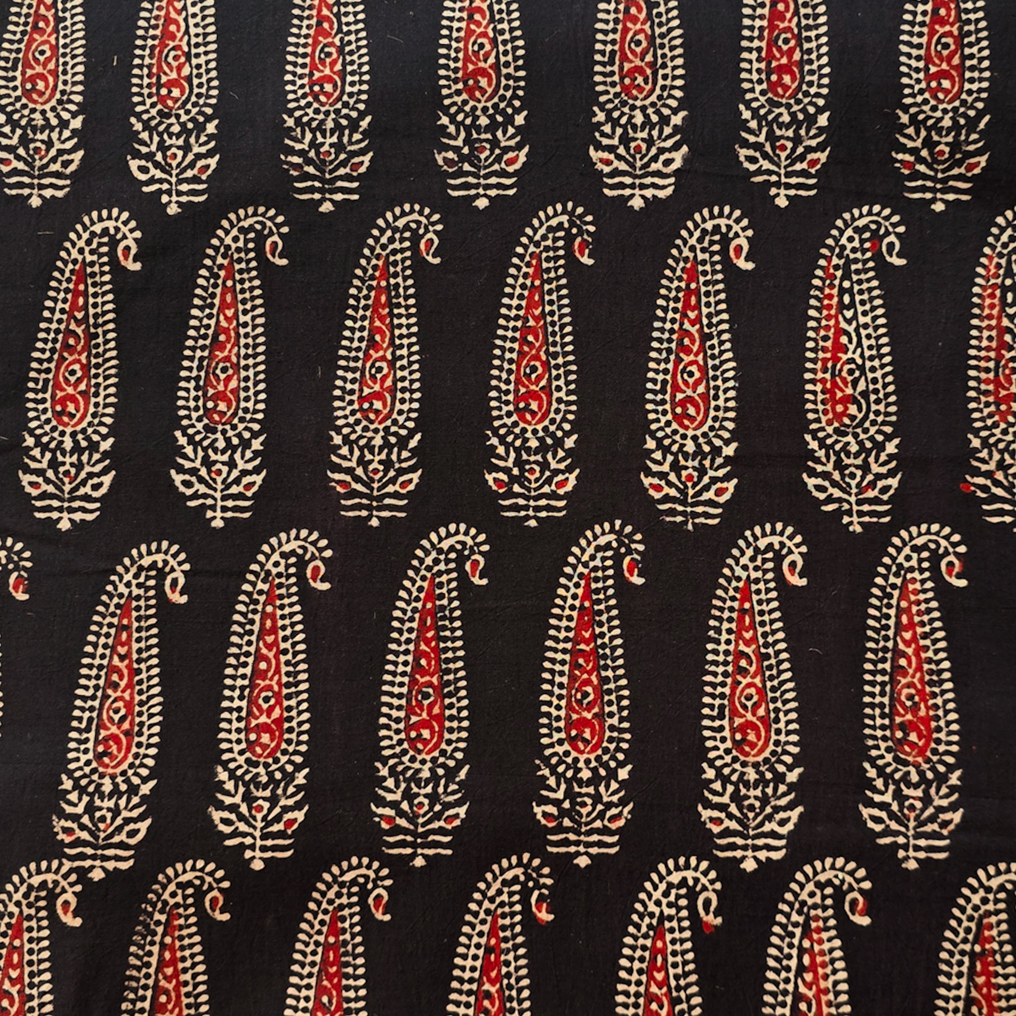 Pure Cotton Vegetable Dyed Black With Red And Cream Big Kairi Hand Blo ...