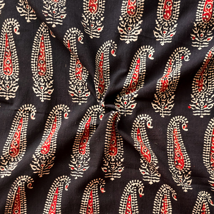 Pure Cotton Vegetable Dyed Black With Red And Cream Big Kairi Hand Blo ...