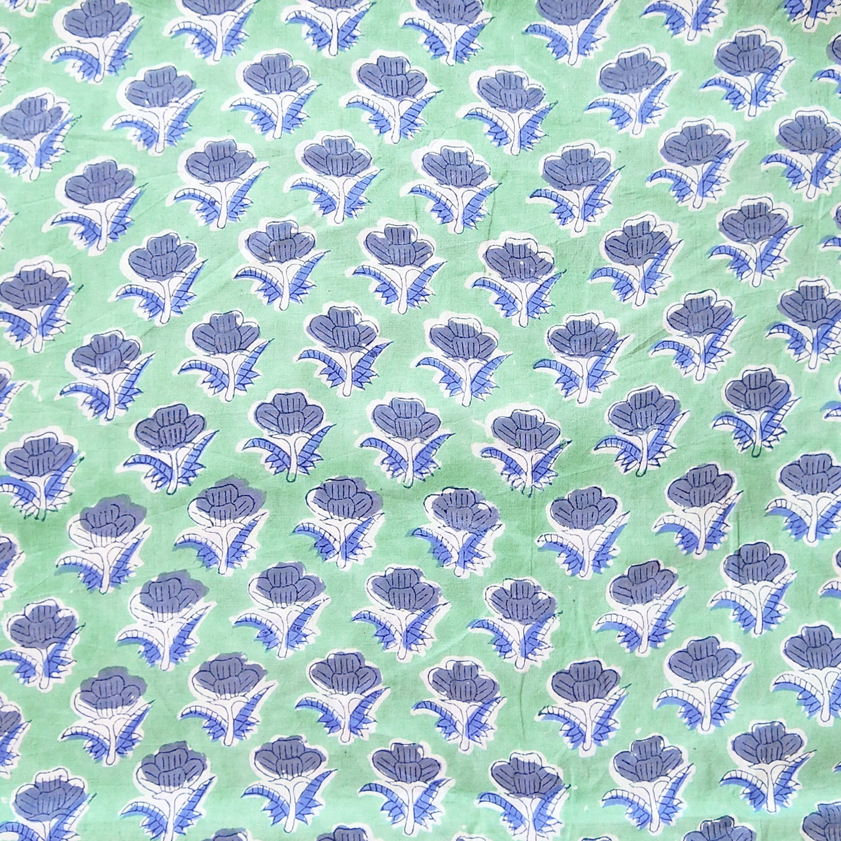 Pure Cotton Jaipuri Cyan With Flower Motif Hand Block Print Fabric ...
