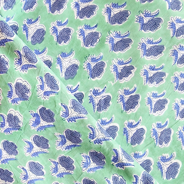 Pure Cotton Jaipuri Cyan With Flower Motif Hand Block Print Fabric ...