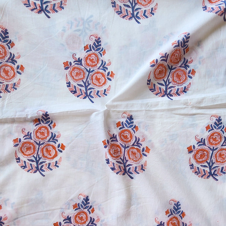 Pure Cotton Jaipuri White With Grey And Orange Flower Plant Motif Hand ...