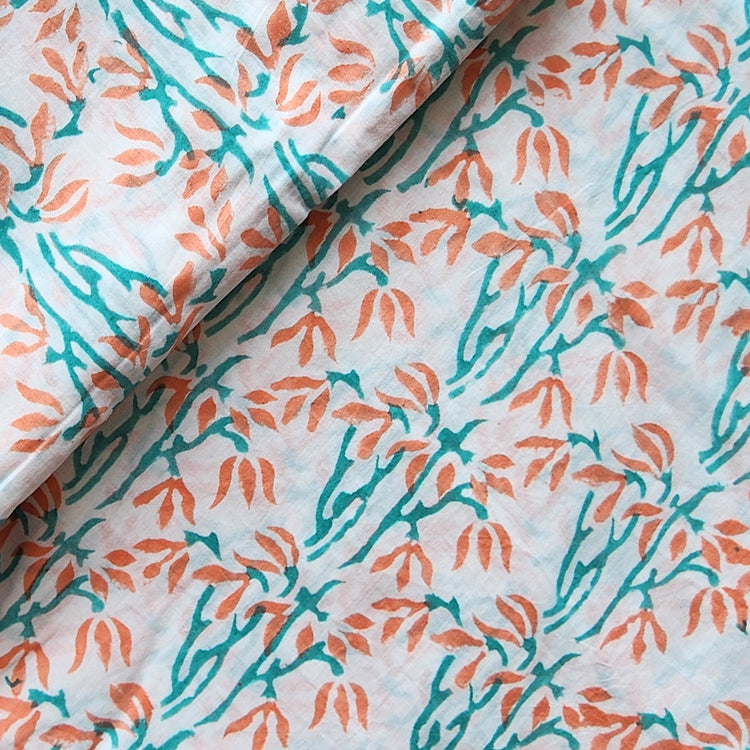 Pure Cotton Jaipuri White With Orange And Green Flower Hand Block Prin ...