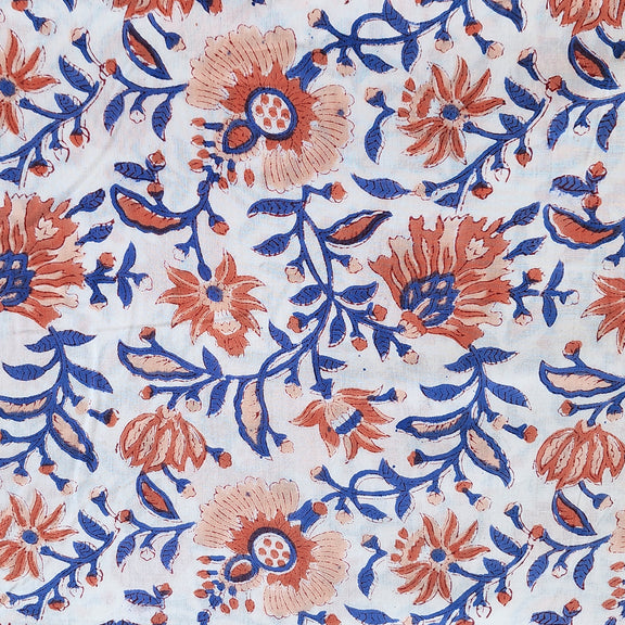 Pure Cotton Jaipuri White With Orange And Blue Flower Creeper Hand Blo ...