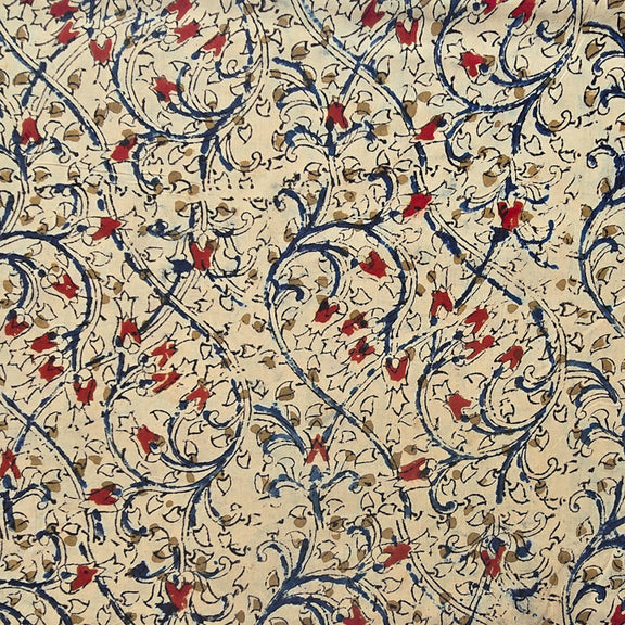 Pre-Cut 0.90 Meter Modal Cotton Kalamkari Cream With Small Red Flower ...