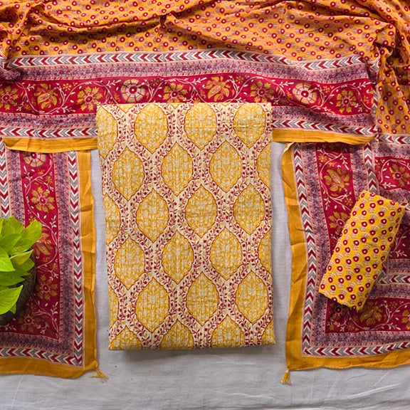 Ramiya-Pure Cotton Mustard With Plant Motif And Pintex Design Suit ...