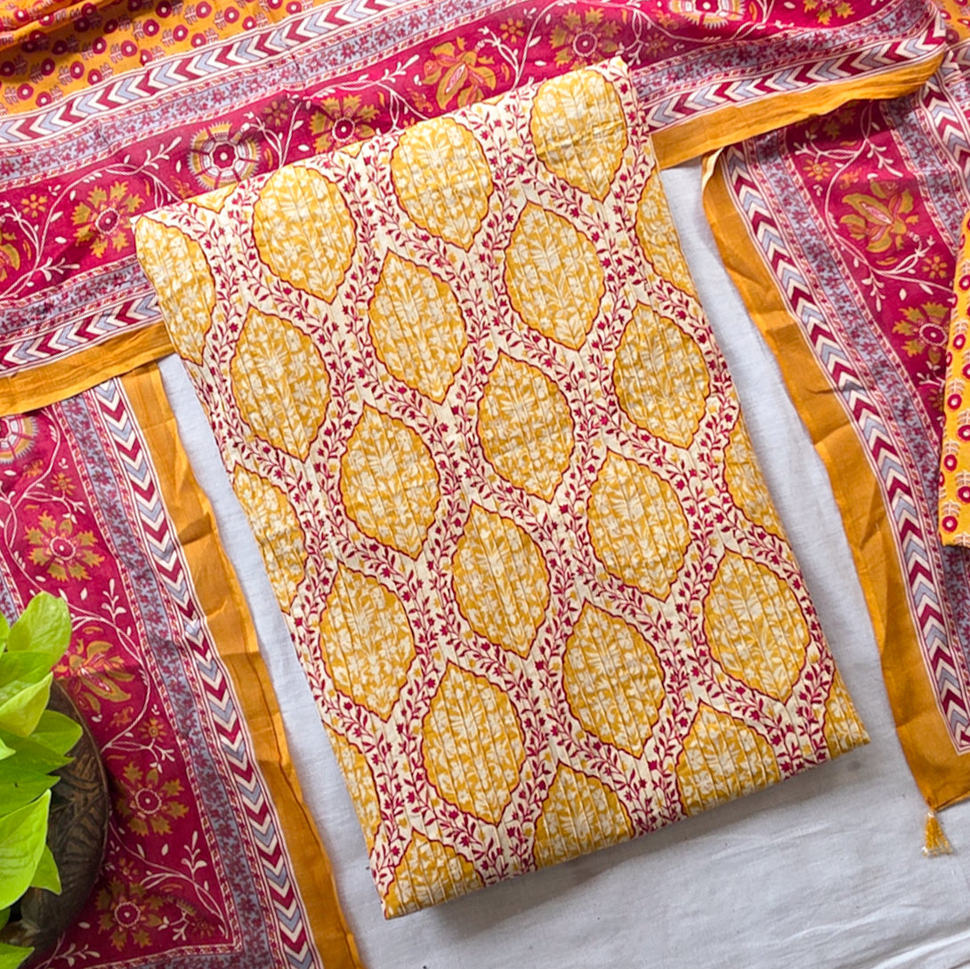 Ramiya-Pure Cotton Mustard With Plant Motif And Pintex Design Suit ...