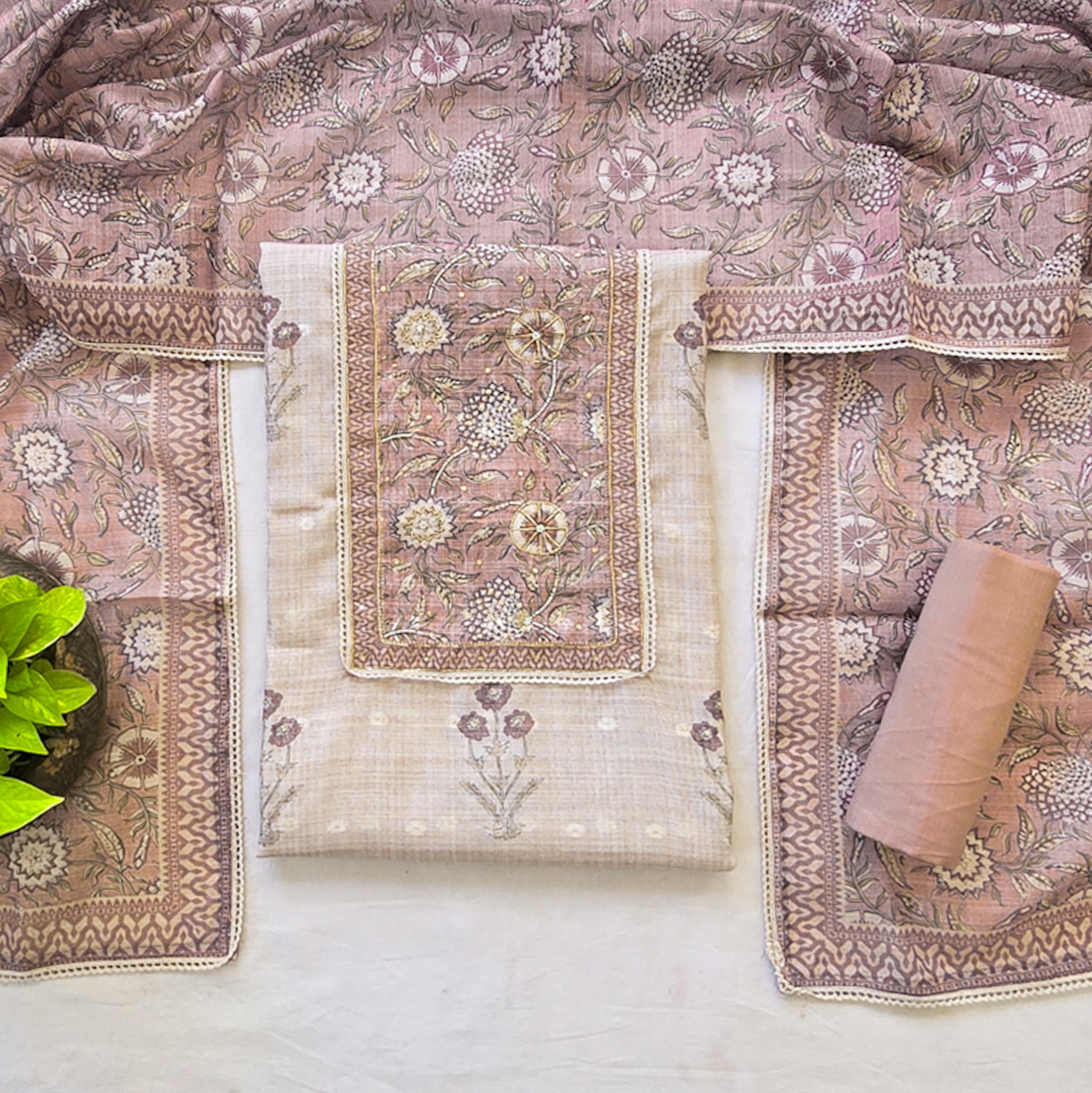 Ramiya- Jute Beige With Peach Sequence Yoke Design Dupata Suit – Sanskruti