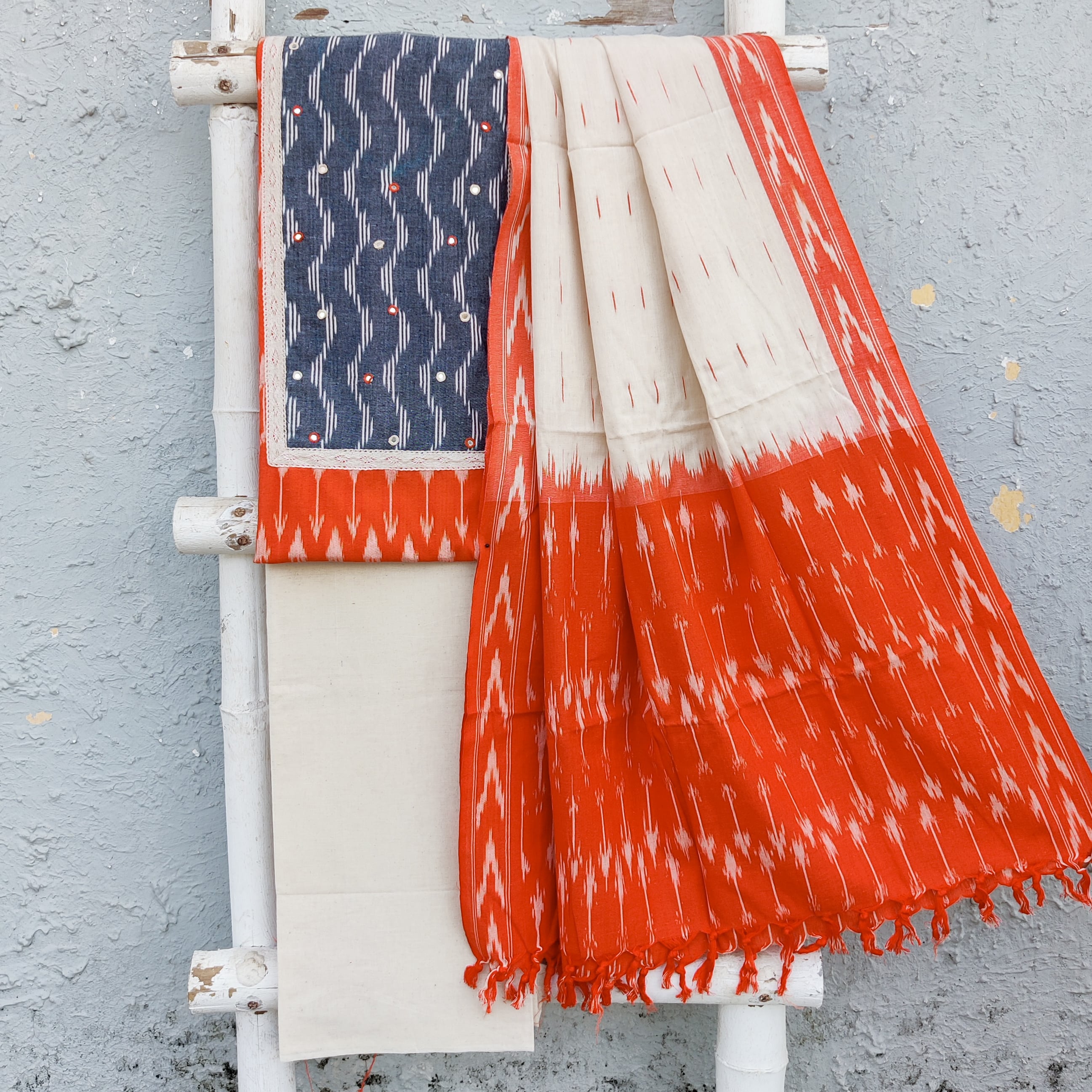 AARA-Pure Cotton Ikkat Orange With Grey And Cream With Emboriderey Yok ...