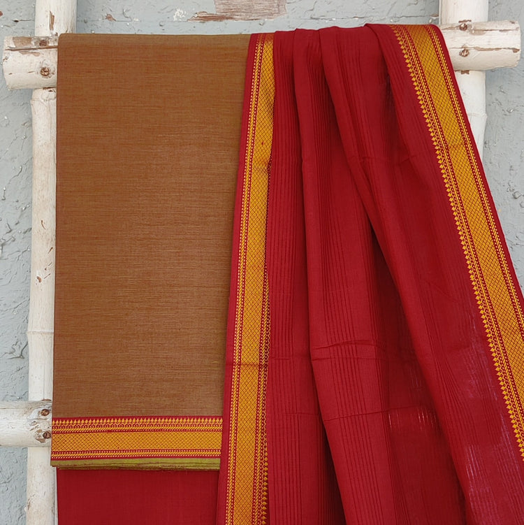 AASHVI-Pure Cotton Handloom Brown With Golden Border Top And Maroon Pl ...