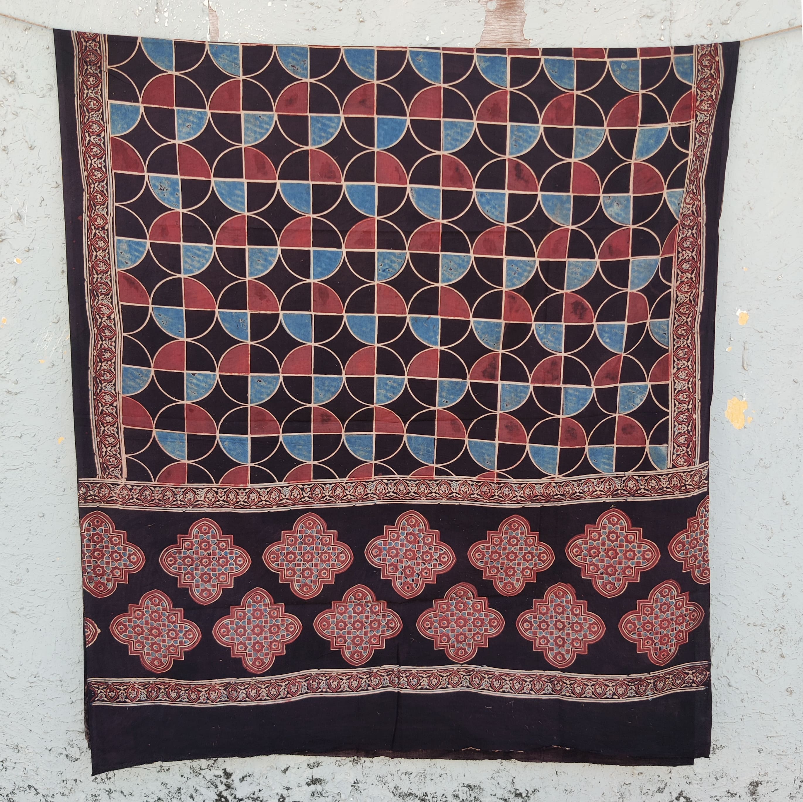AASMA-Pure Cotton Ajrak Black And Rust Red And Blue Dupatta – Sanskruti